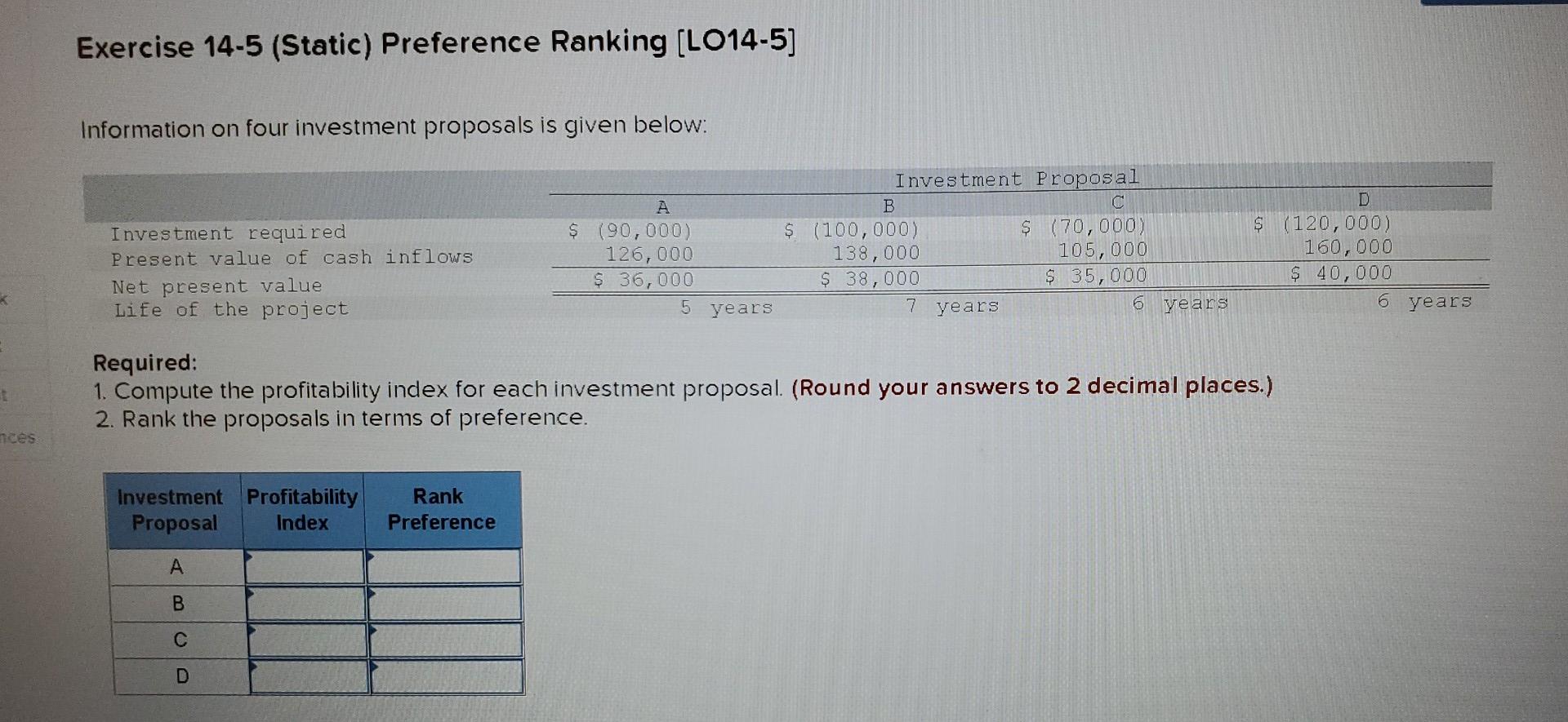 Solved Exercise 14-5 (Static) Preference Ranking (LO14-5) | Chegg.com