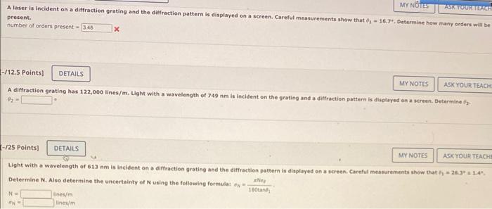 Solved A laser is incident on a diffraction grating and the | Chegg.com