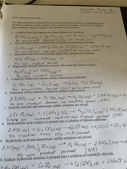 Solved Post Laboratory Questions For each combination | Chegg.com