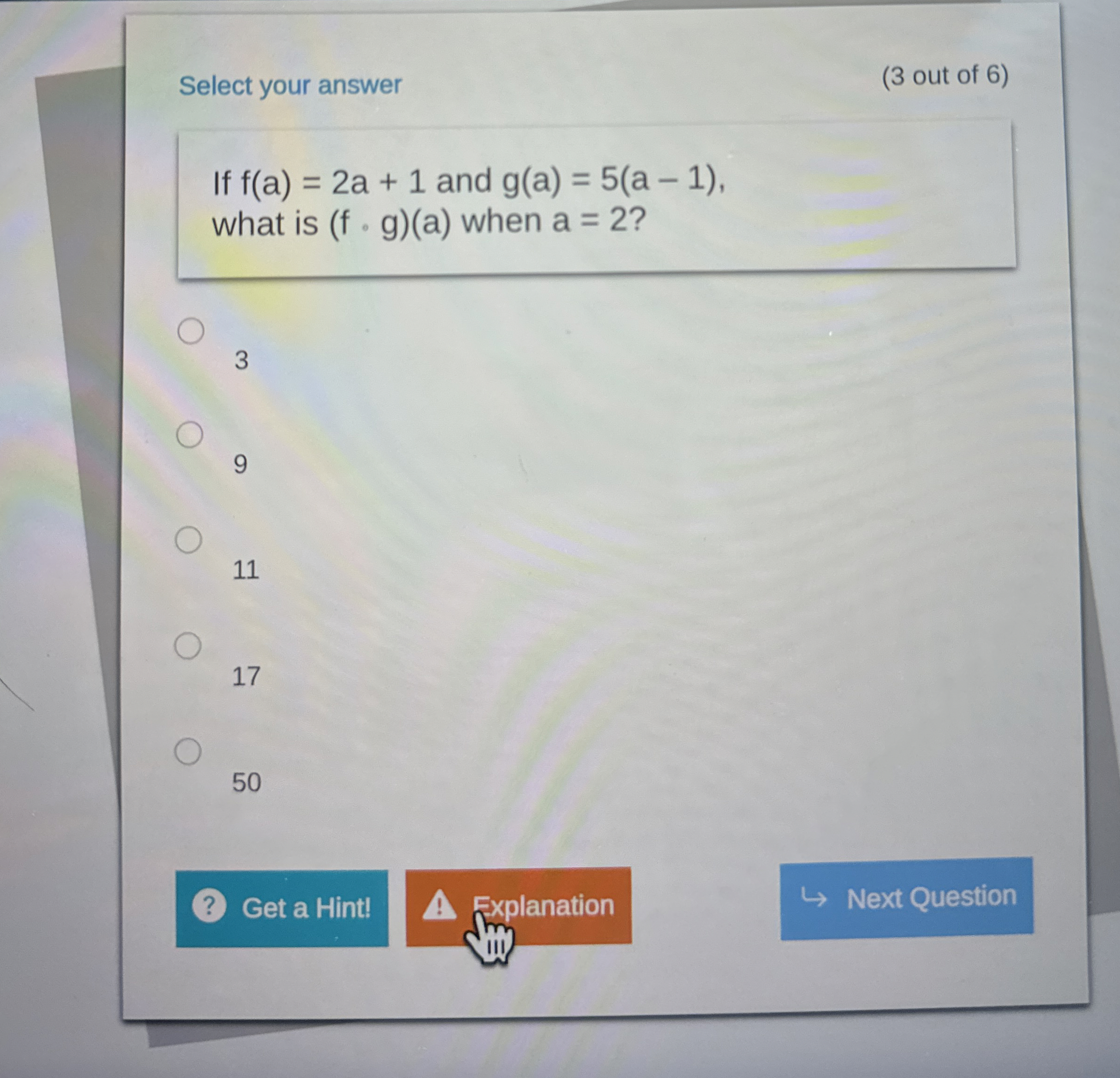 Solved Select your answer(3 ﻿out of 6 )If f(a)=2a+1 ﻿and | Chegg.com