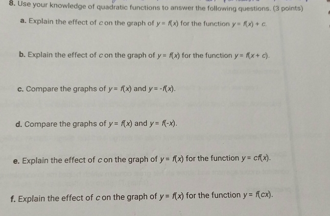 Solved Use your knowledge of quadratic functions to answer | Chegg.com