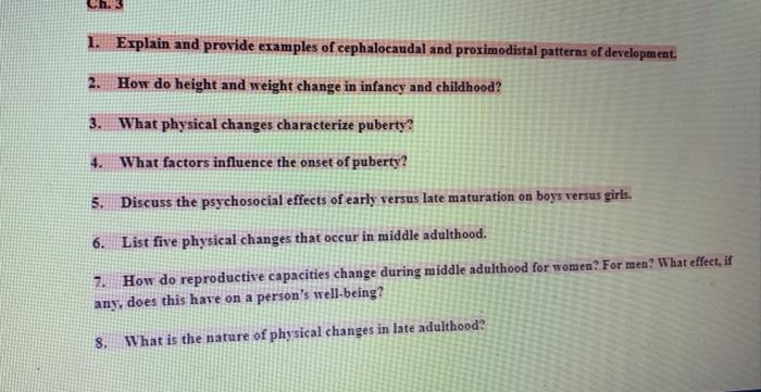 Solved 1 Explain And Provide Examples Of Cephalocaudal And