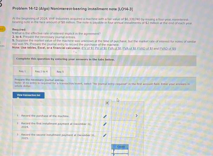 Solved Problem 14-12 (Algo) Noninterest-bearing installment | Chegg.com