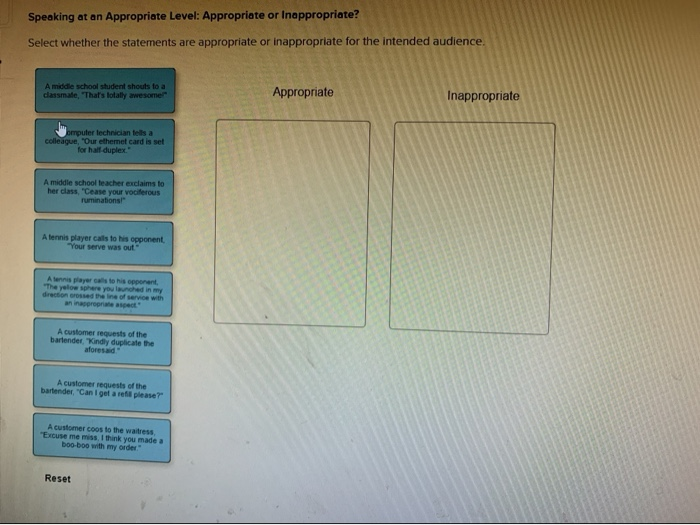 Solved Speaking at an Appropriate Level: Appropriate or | Chegg.com