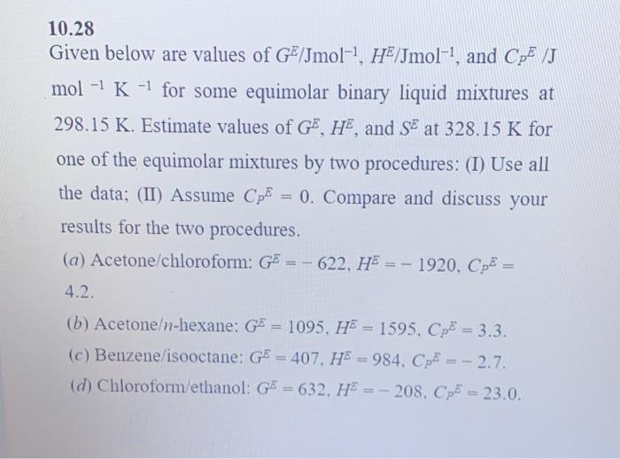 Solved 10.28 Given below are values of GF/Jmol-, HP/Jmol-1, | Chegg.com