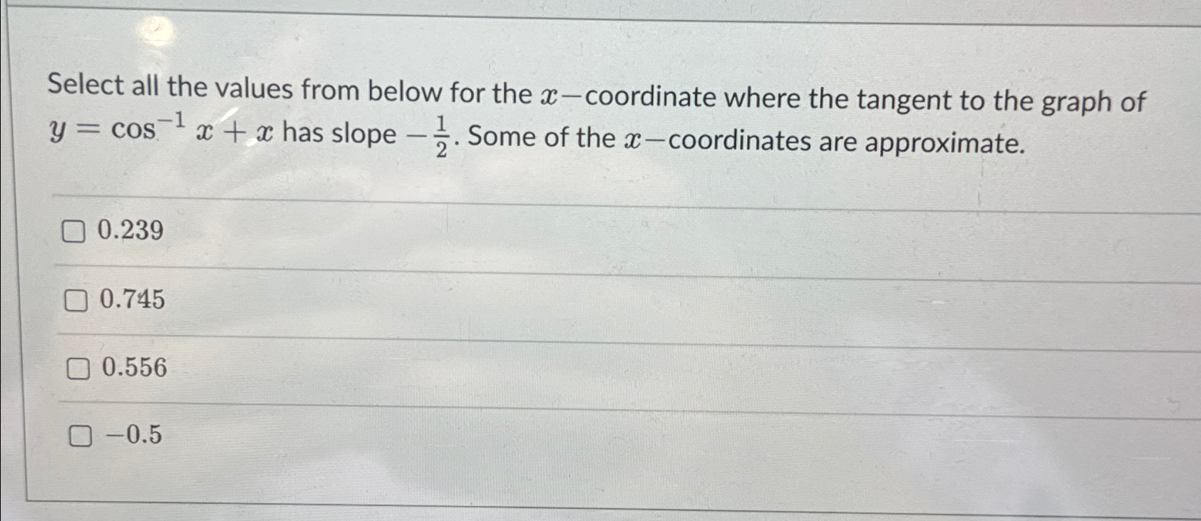 Solved Select all the values from below for the x-coordinate | Chegg.com