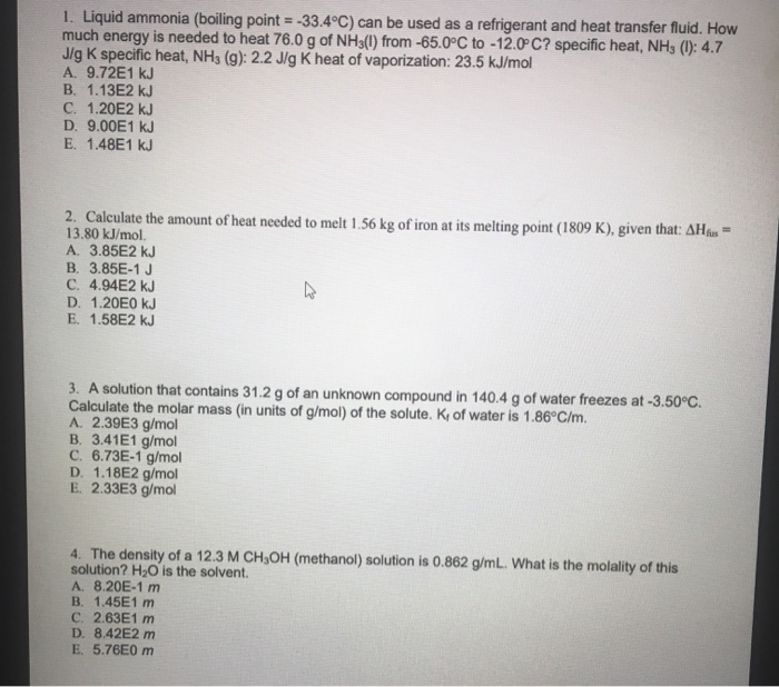 Solved 1. Liquid ammonia (boiling point = -33.4°C) can be | Chegg.com