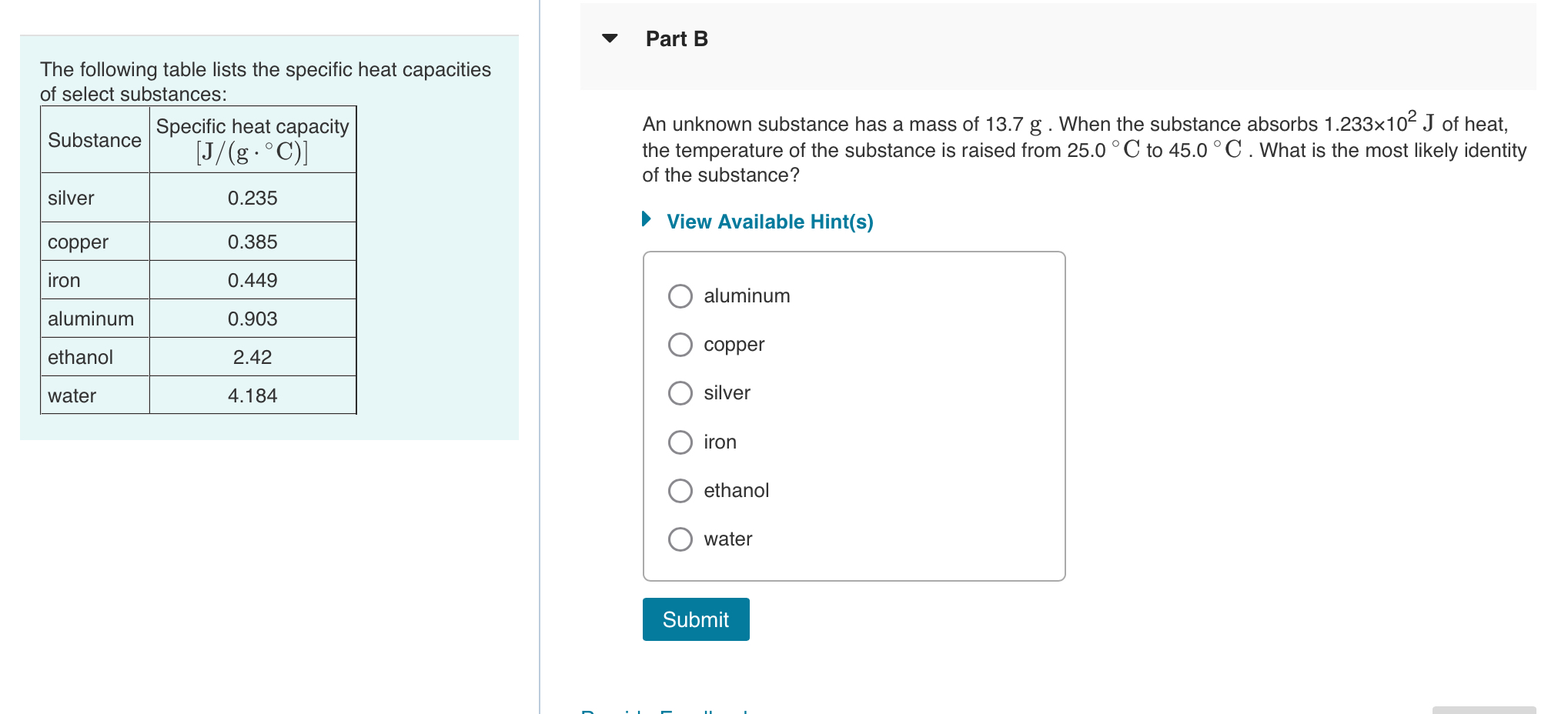 Solved The following table lists the specific heat | Chegg.com