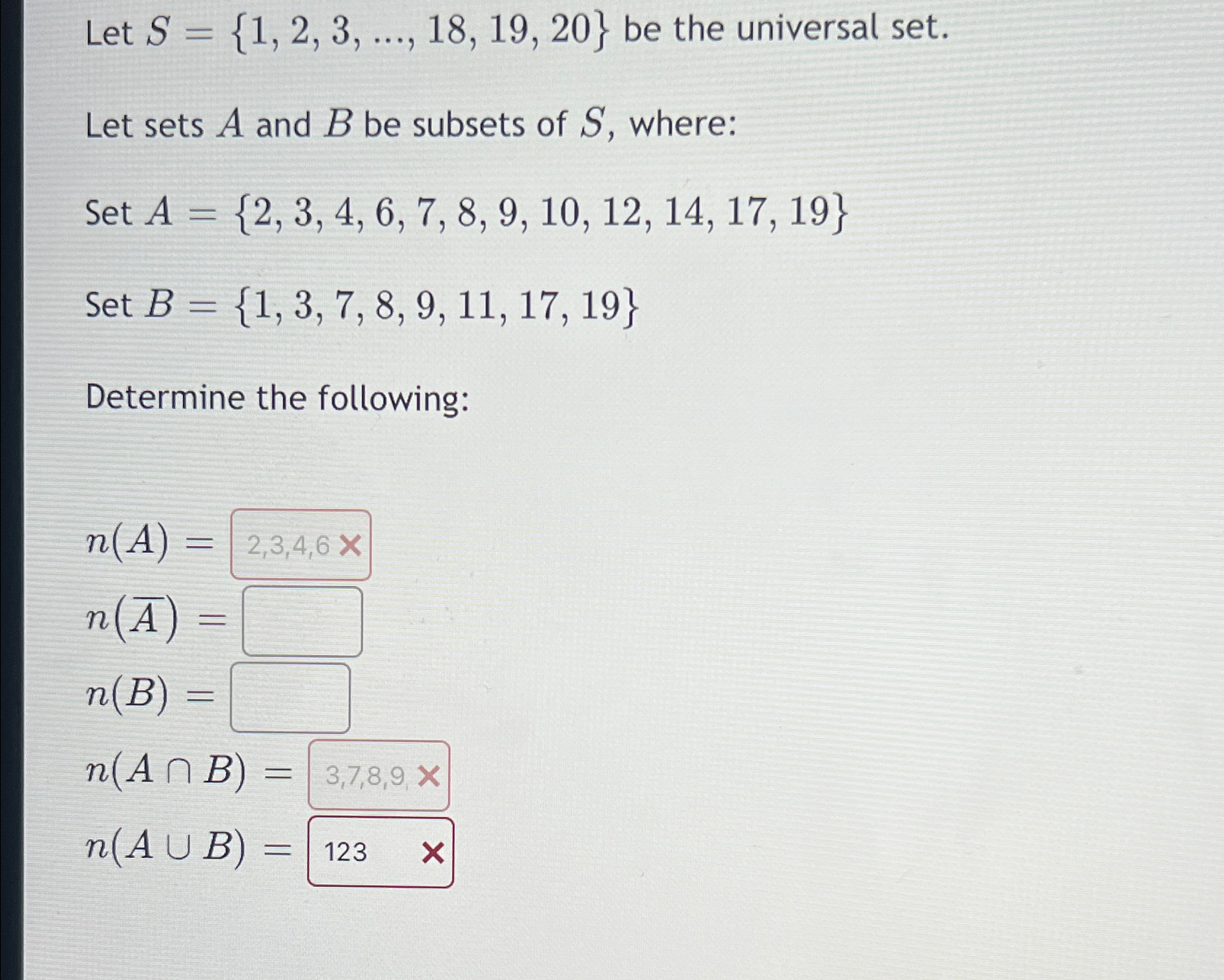 Solved Let S={1,2,3,dots,18,19,20} ﻿be the universal set.Let | Chegg.com