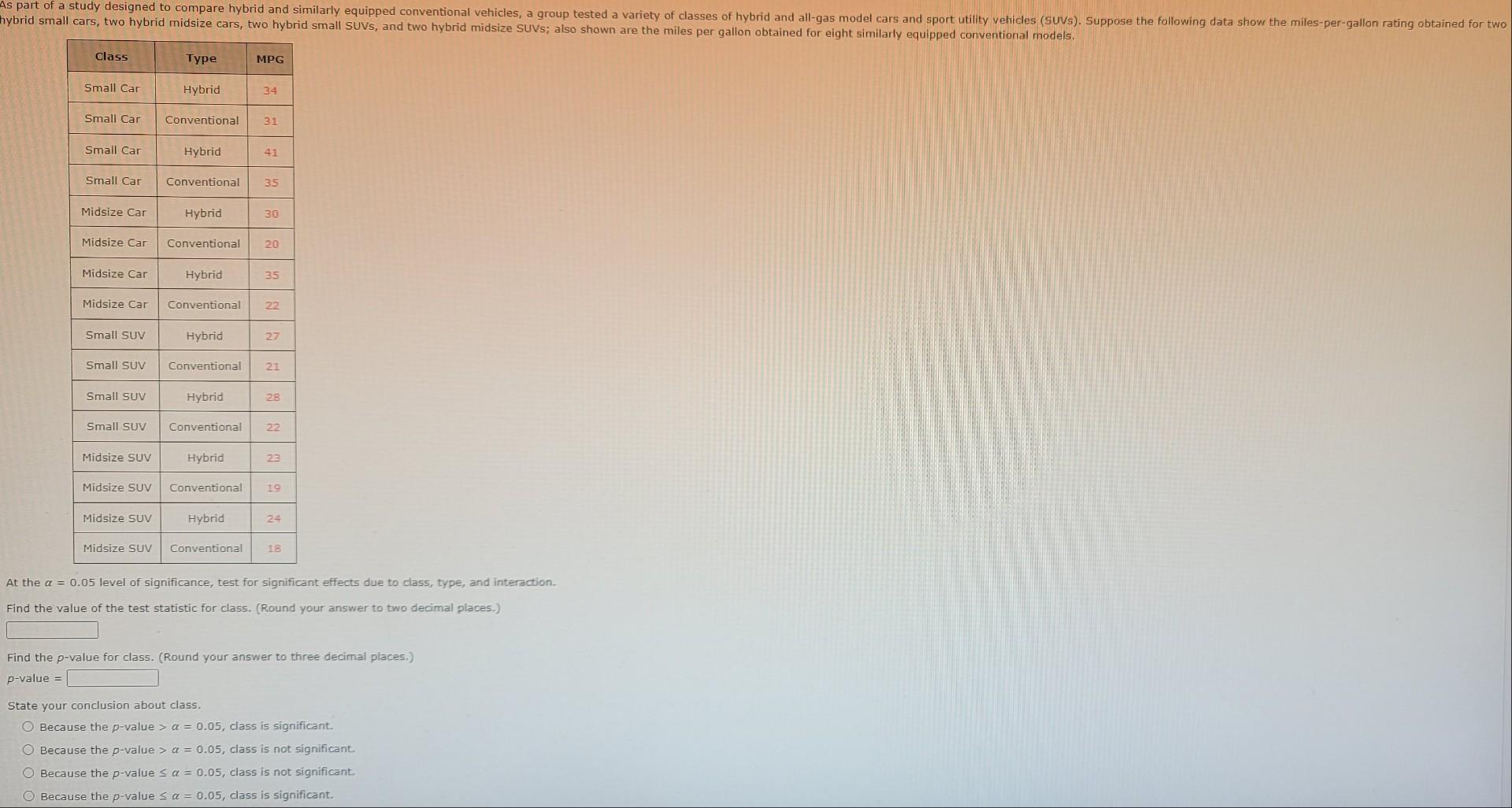 Solved \begin{tabular}{|c|c|c|} \hline Class & Type & MPG \\ | Chegg.com