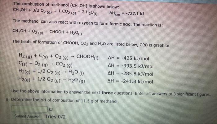 Solved The combustion of methanol (CH3OH) is shown below: | Chegg.com