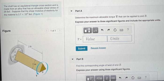 Solved The shaft has an equilateral triangle cross section | Chegg.com