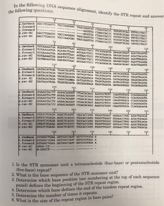 Solved he following DNA sequence alignment, identify the STR | Chegg.com