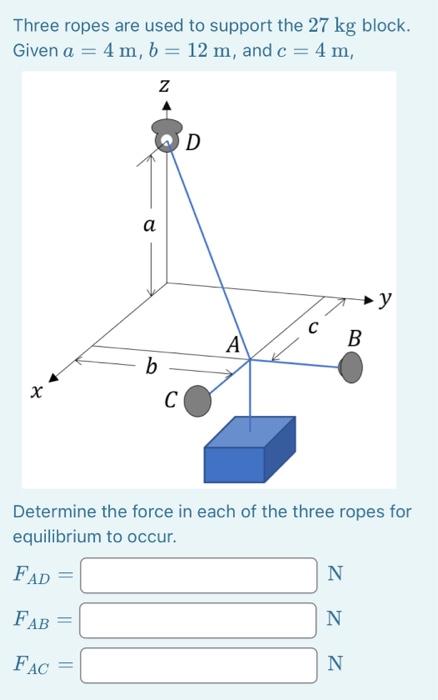 Solved Three ropes are used to support the 27 kg block. | Chegg.com