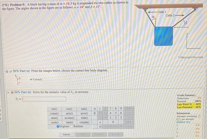 Solved (7\%) Problem 9: A block having a mass of m=18.5 kg | Chegg.com