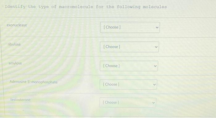Solved Identify the type of macromolecule for the following | Chegg.com