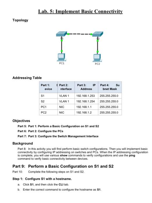 Solved Lab. 5: Implement Basic Connectivity Topology PC2 | Chegg.com