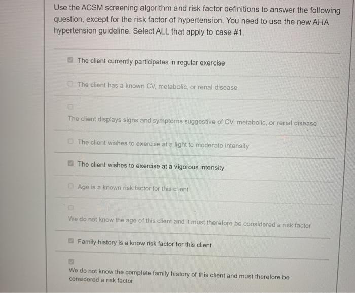 Use the ACSM screening algorithm and risk factor | Chegg.com