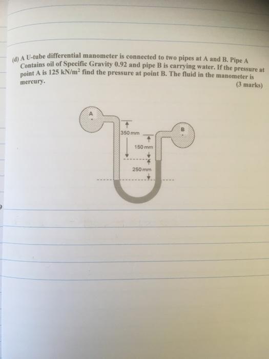 Solved (d) A U-tube differential manometer is connected to | Chegg.com