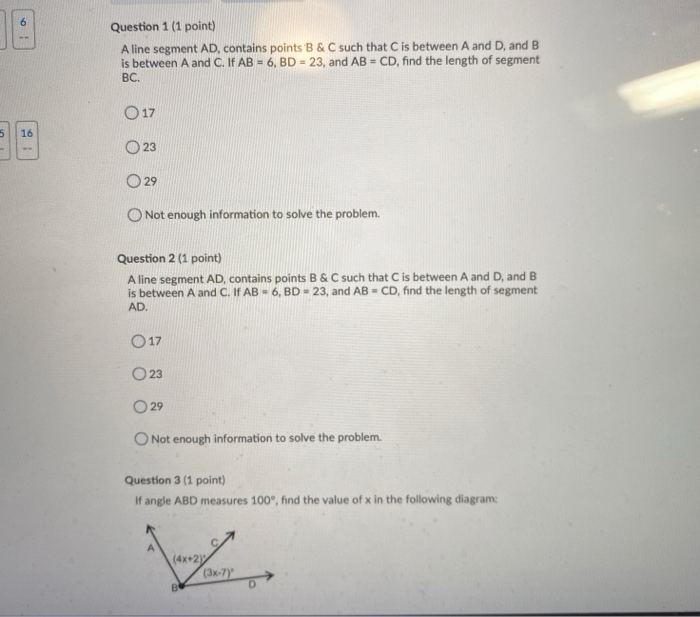 Solved Question 1 (1 point) A line segment AD, contains | Chegg.com