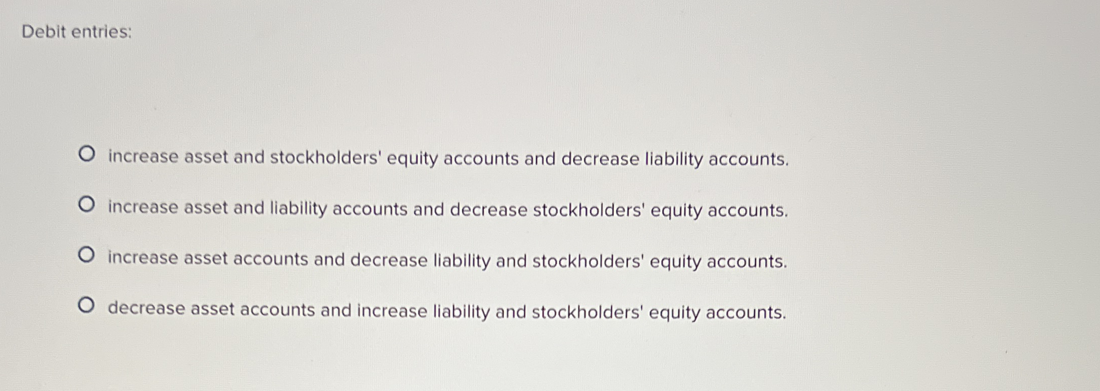 Solved Debit entries:increase asset and stockholders' equity | Chegg.com