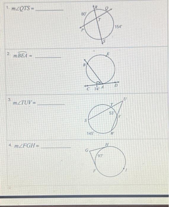 Solved 1. m∠QTS= 2. mBEA= 3. m∠TUV= 4. m∠FGH= | Chegg.com