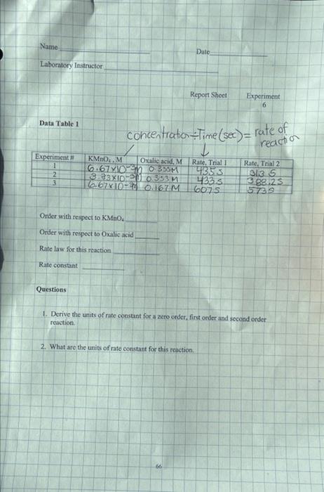 Solved Laborntory Instructor Experiment 6 Data Table 1 Onder | Chegg.com