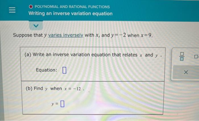 Solved Suppose that y varies inversely. with x, and y=−2 | Chegg.com