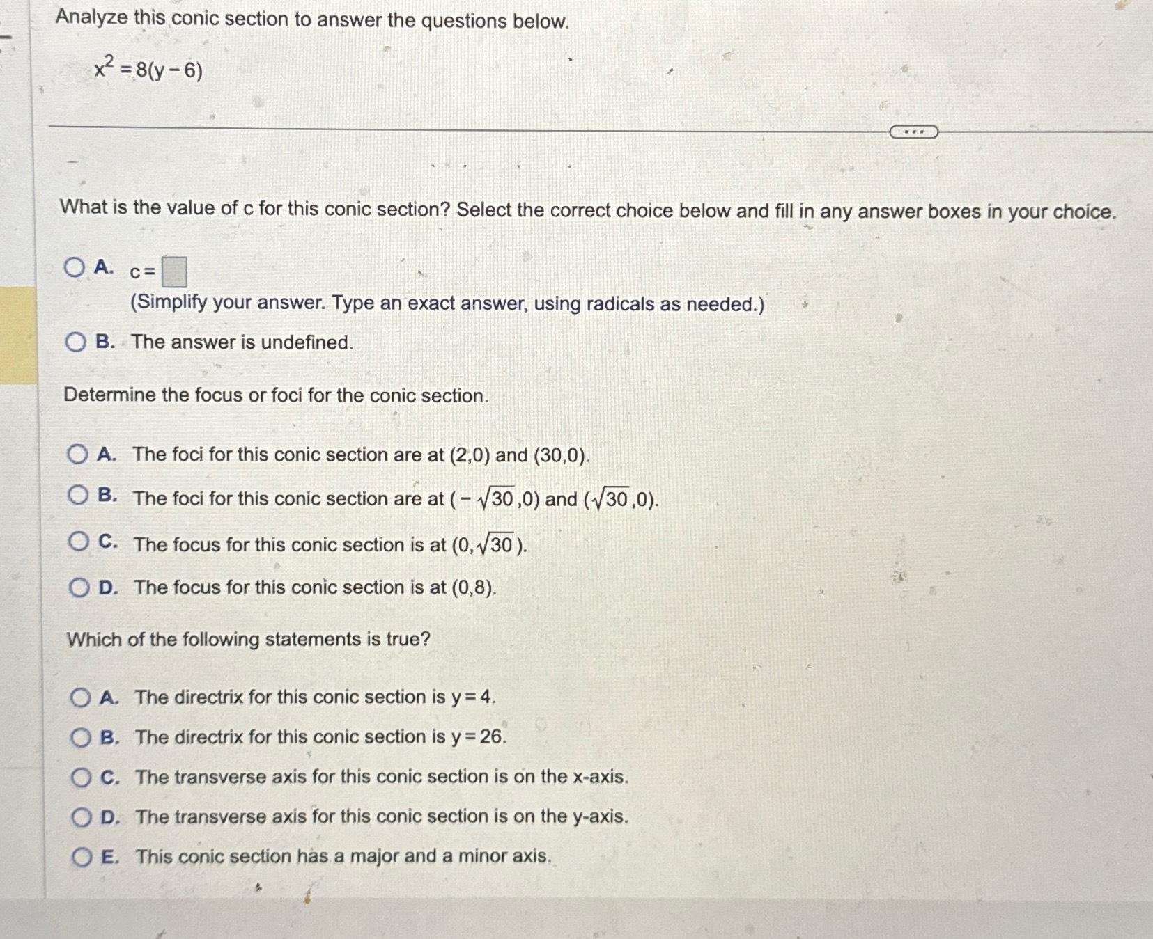 Solved Analyze this conic section to answer the questions | Chegg.com
