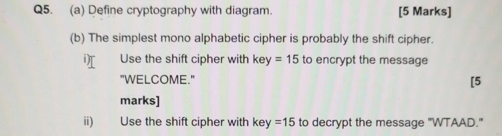 Solved Q5. (a) Define cryptography with diagram. [5 Marks] | Chegg.com