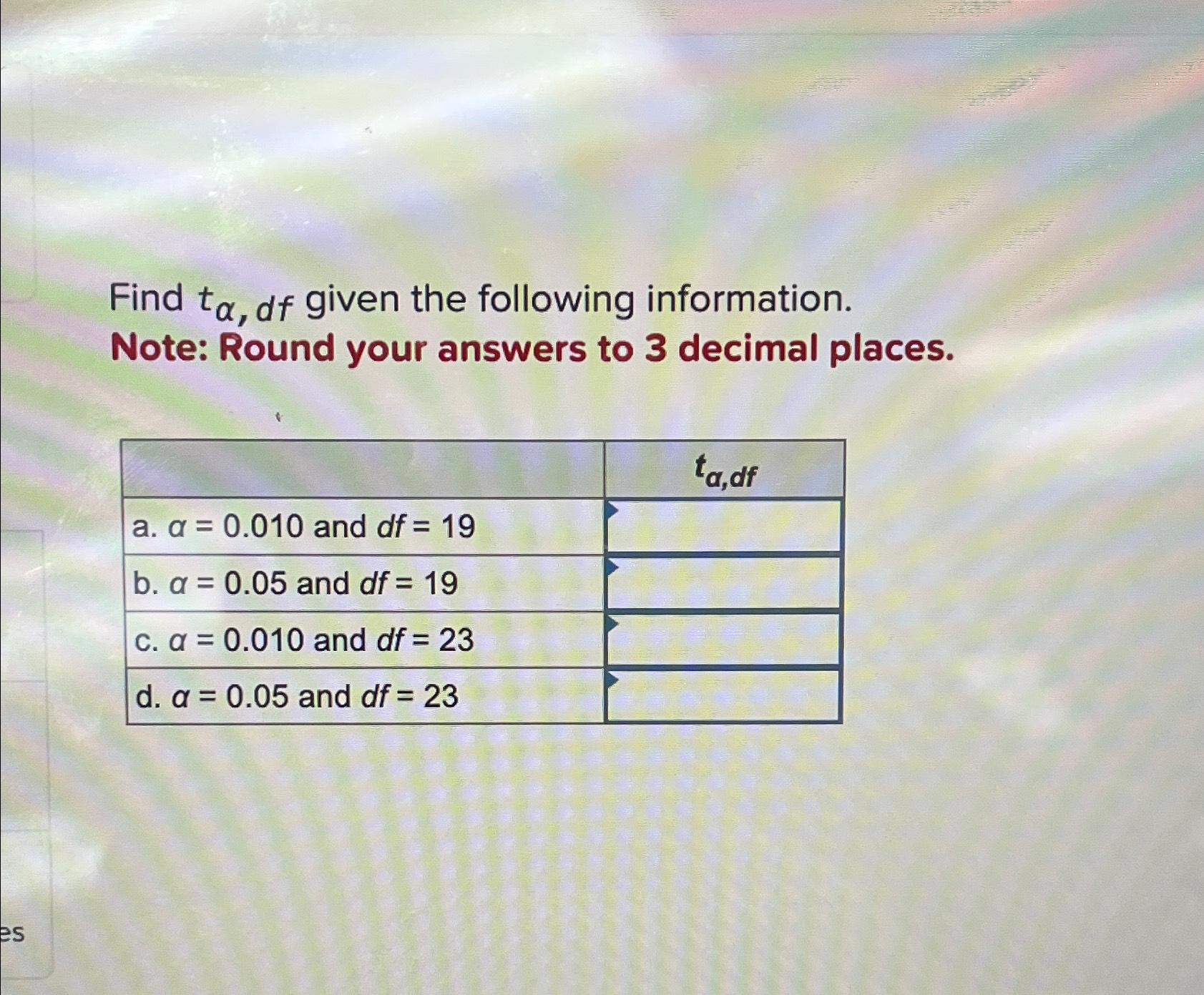 Solved Find tα,df ﻿given the following information.Note: | Chegg.com