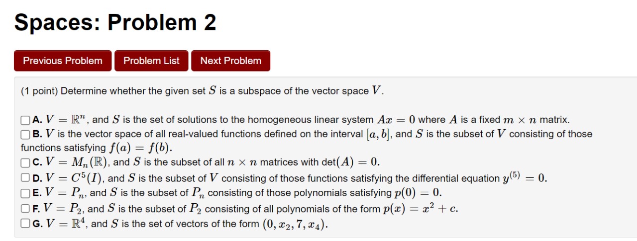 Solved (1 ﻿point) ﻿Determine whether the given set S ﻿is a | Chegg.com