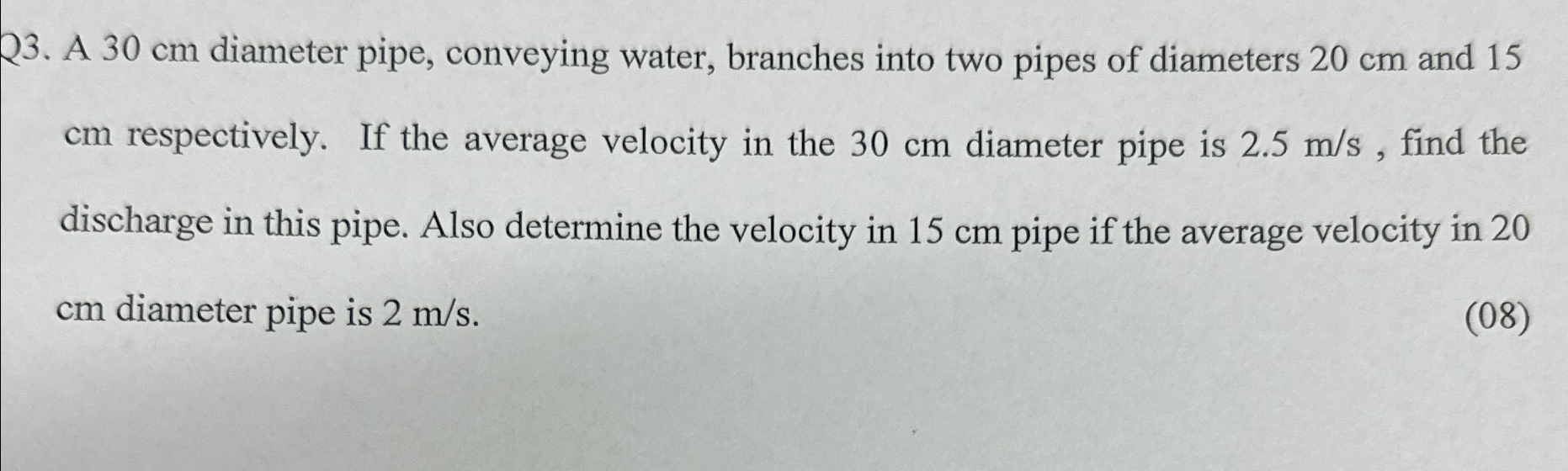 Solved Q3. ﻿A 30cm ﻿diameter pipe, conveying water, branches | Chegg.com