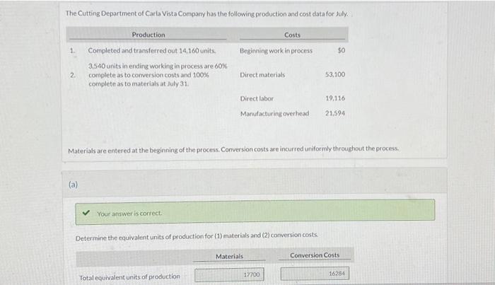 Solved The Cutting Department of Carla Vista Company has the | Chegg.com