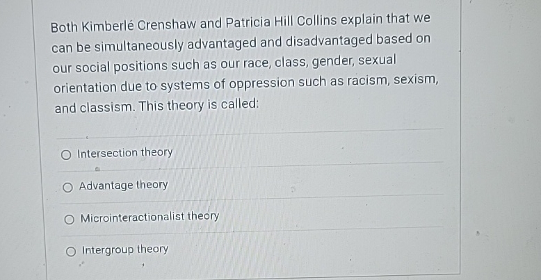 Solved Both Kimberlé ﻿Crenshaw and Patricia Hill Collins | Chegg.com