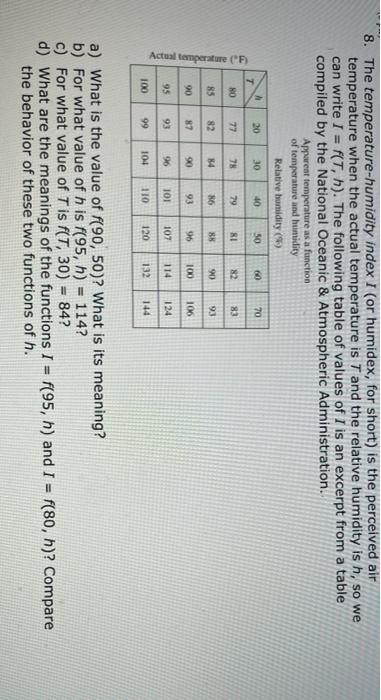 Solved 8. The temperature-humidity index I (or humidex, for | Chegg.com