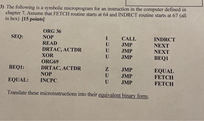 Solved 3) The following is a symbolic microprogram for an | Chegg.com