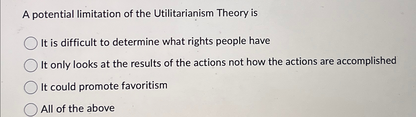 Solved A potential limitation of the Utilitarianism Theory | Chegg.com