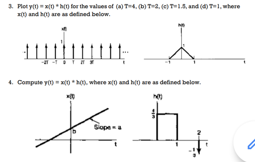 Solved 3. Plot y(t)=x(t)∗h(t) for the values of (a) T=4, (b) | Chegg.com