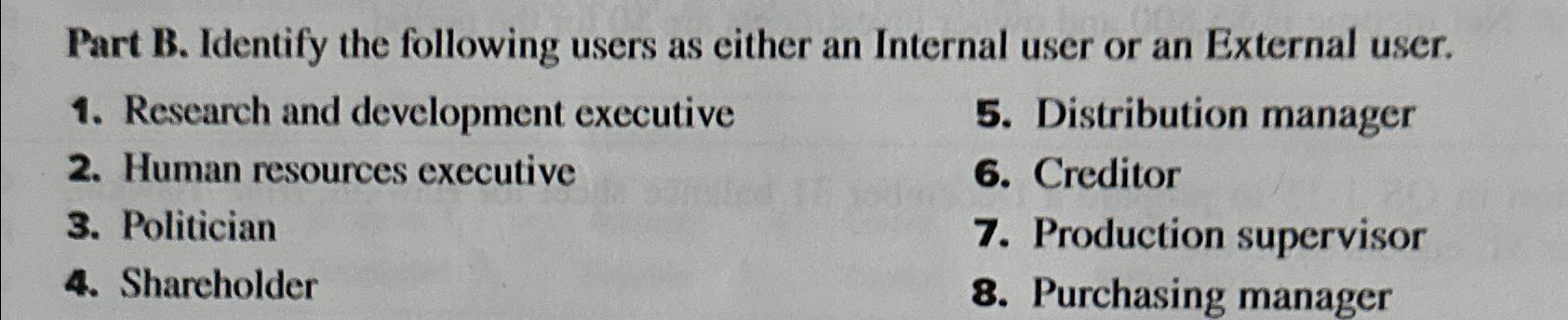 Solved Part B. ﻿Identify the following users as either an | Chegg.com