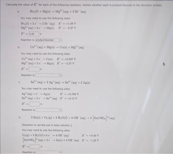 Solved Calculate the value of E' for each of the following | Chegg.com