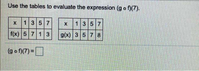 Solved Use the tables to evaluate the expression (gof)(7). х | Chegg.com