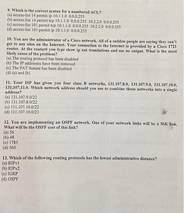 Solved 9. Which is the correct syntax for a numbered ACL? | Chegg.com