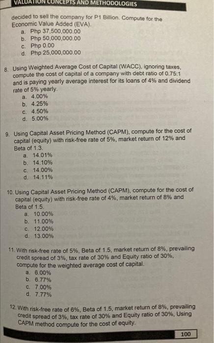 Solved VALUATION CONCEPTS AND METHODOLOGIES MULTIPLE CHOICE | Chegg.com