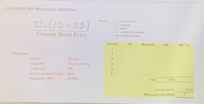Solved Calculate the Macaulay Duration Where M Σ + t= (1) | Chegg.com