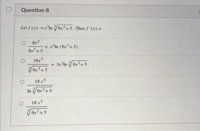 Solved Let f(x)=x3ln36x3+5, Then f′(x)= | Chegg.com