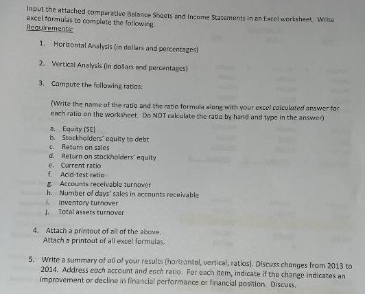 Solved Input the attached comparative Balance Sheets and | Chegg.com