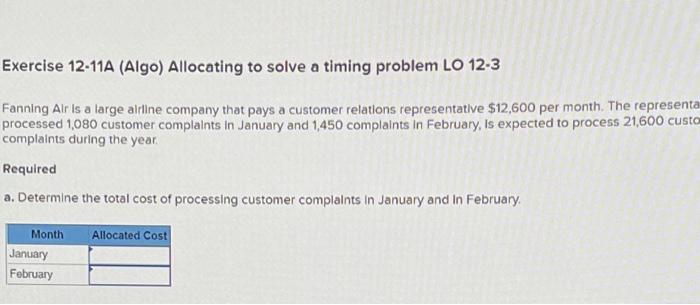 Solved Exercise 12-11A (Algo) Allocating to solve a timing | Chegg.com