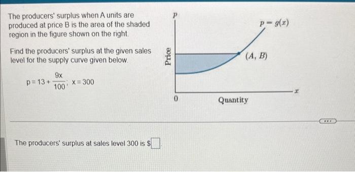 Solved The producers' surplus when A units are produced at | Chegg.com