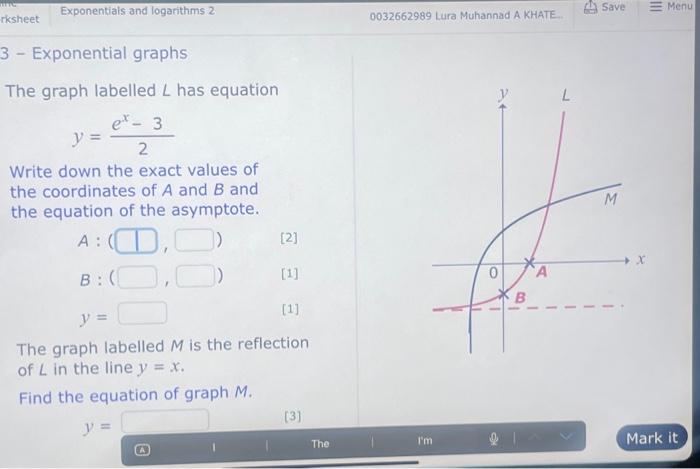 Solved The graph labelled L has equation y=2ex−3 Write down | Chegg.com